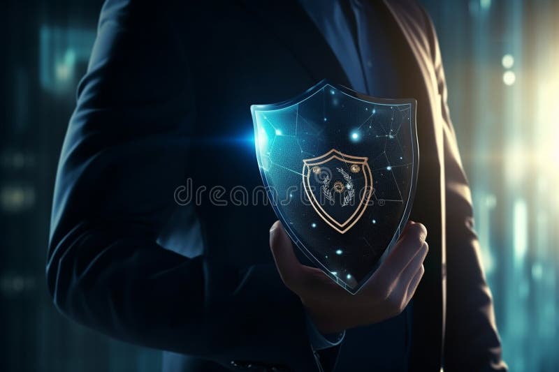 Close Up of Businessman Holding Shield with Cyber Security Concept. 3D ...