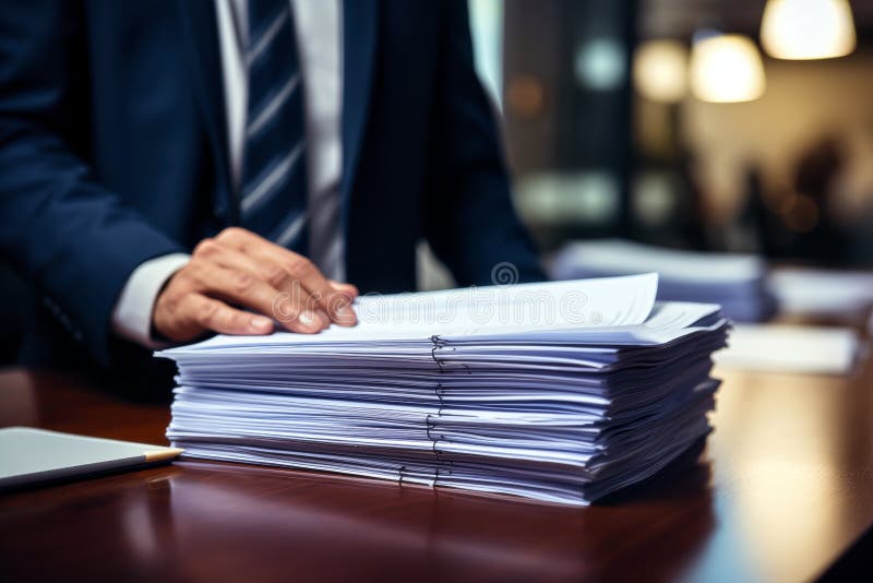Close Up of Businessman Holding Stack of Documents on Desk in Office ...