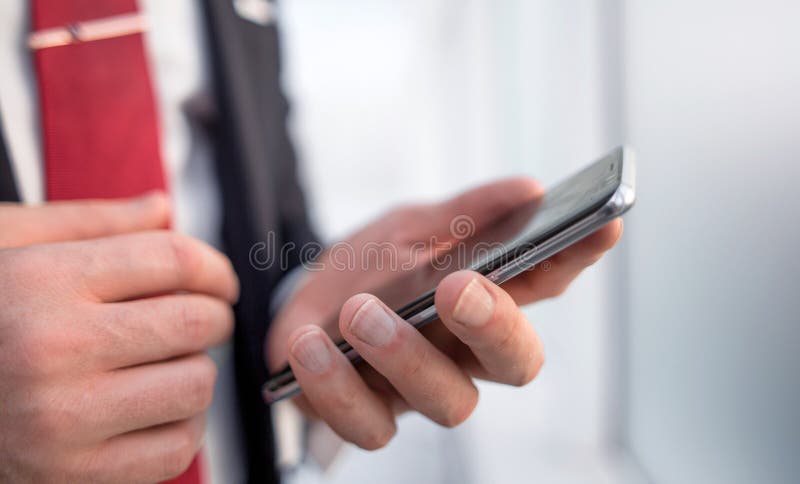 Close Up.businessman Reading Text Message on Smartphone Stock Photo ...