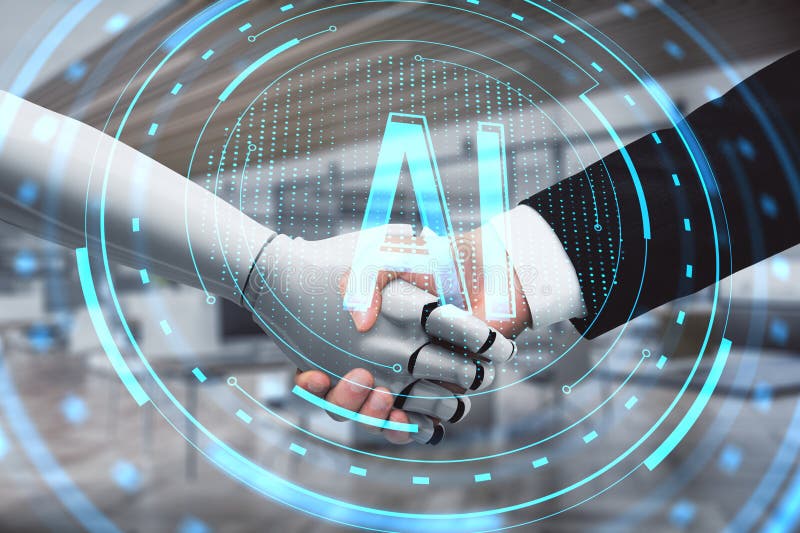 Close Up of Businessman and Robot Handshake on Blurry Office Interior ...
