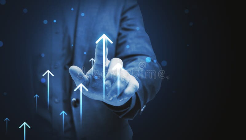 Close Up of Man Touching Digital Arrow on Virtual Screen. Success ...