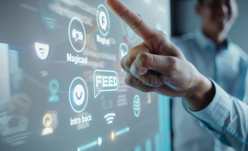 Businessman Interacting with Virtual Touch Screen Displaying Digital ...