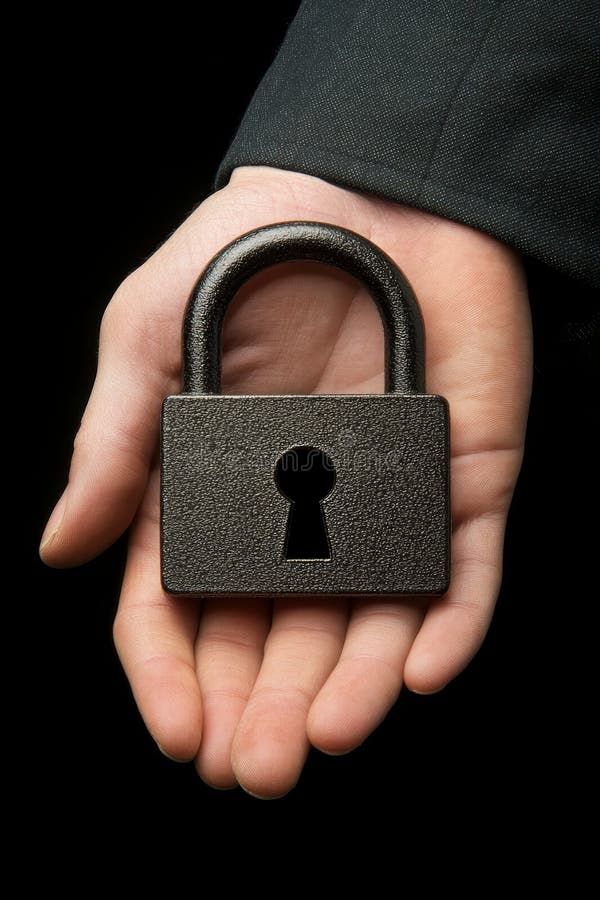 Close-up of a Businessmans Hand Securely Holding a Black Padlock ...