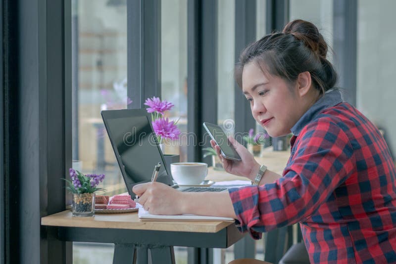Close Up Businessmen Working at a Coffee Shop. Stock Image - Image of ...