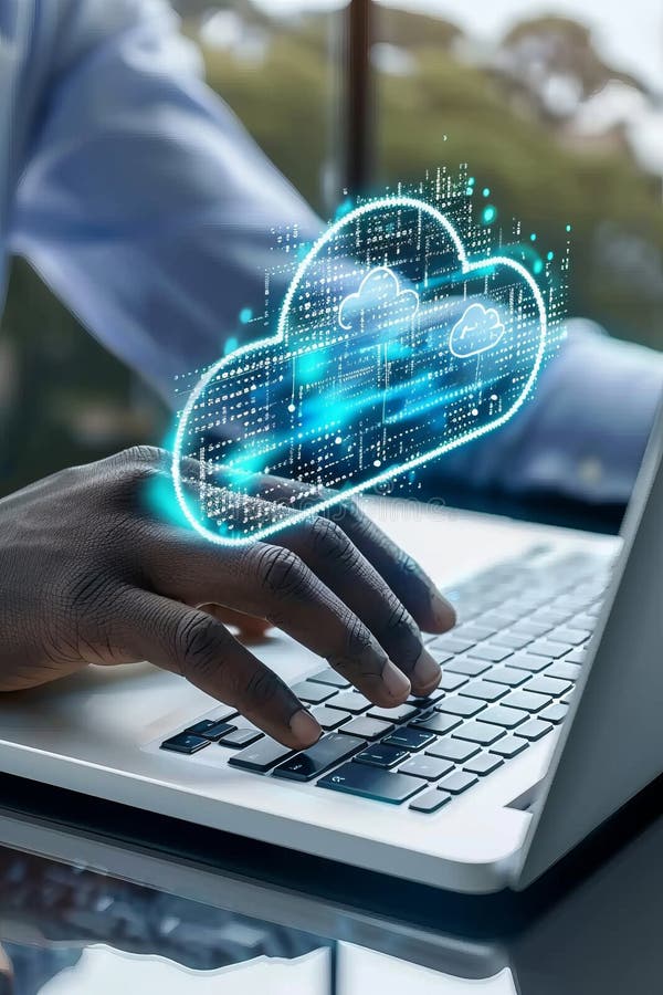 Close-Up of Businesspersons Hand Working on Laptop with Holographic ...