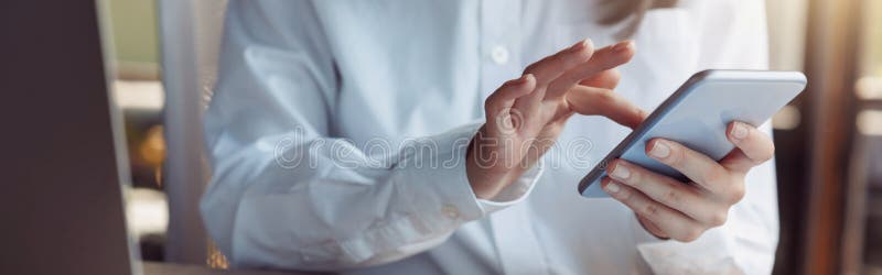 Close Up of Businesswoman Hands Using Phone while Sit on Her Workplace ...