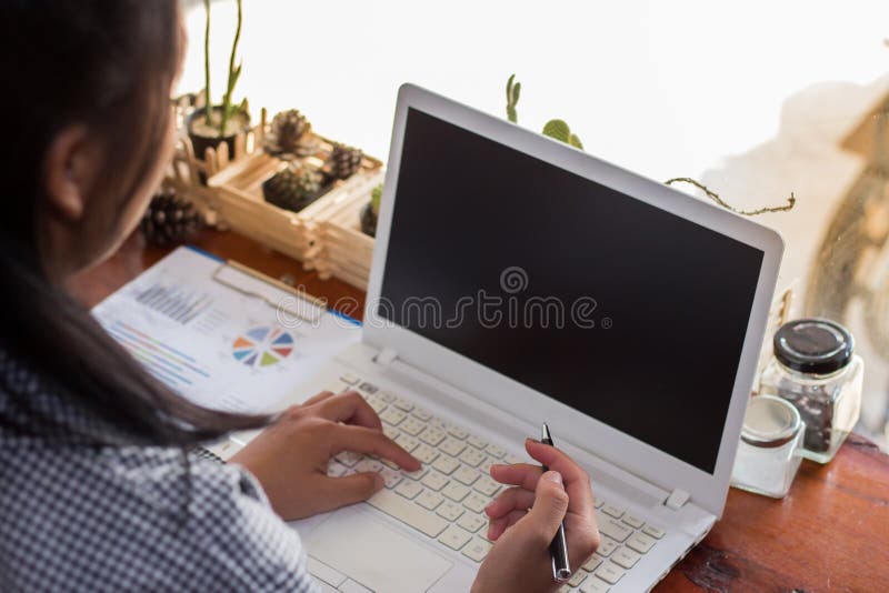 Close Up Businesswomen Using Computer Working in Coffee Shop. Stock ...
