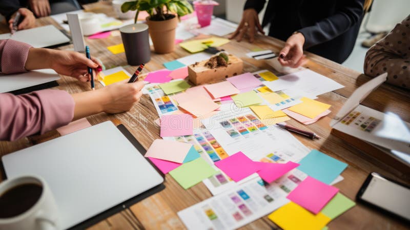 Close-up of a Busy Brainstorming Session with Multiple Hands, Colorful ...