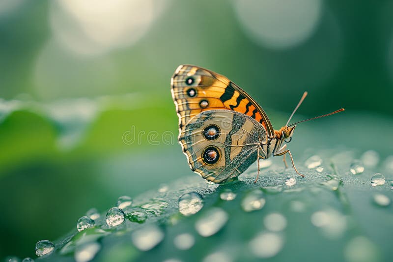 A Close Up of a Butterfly Landing on a Dewdrop-covered Leaf, Capturing ...