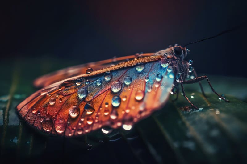 A Close Up of a Butterfly on a Leaf with Water Droplets Stock ...