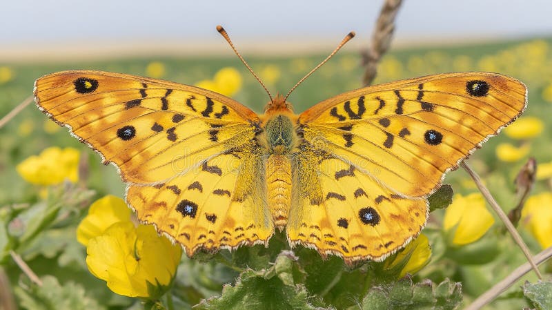 Close-up of a Butterfly on Yellow Flowers Stock Illustration ...