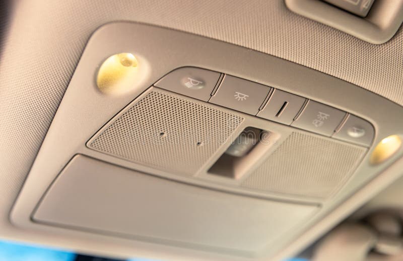 Close Up of Cabin Car Ceiling Lamp, Light Control Panel Inside Interior ...