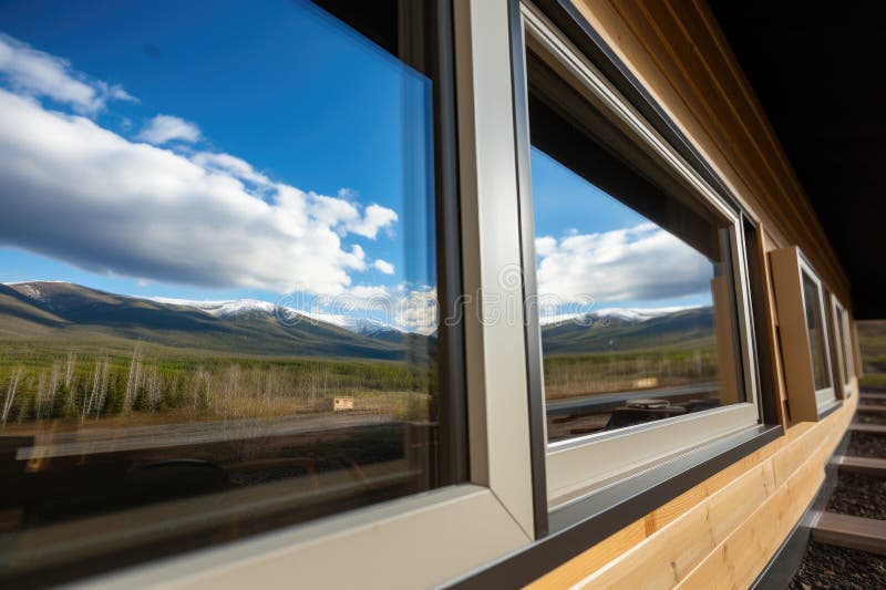 Close-up on Cabins Windows with Reflection of Mountains Stock Image ...