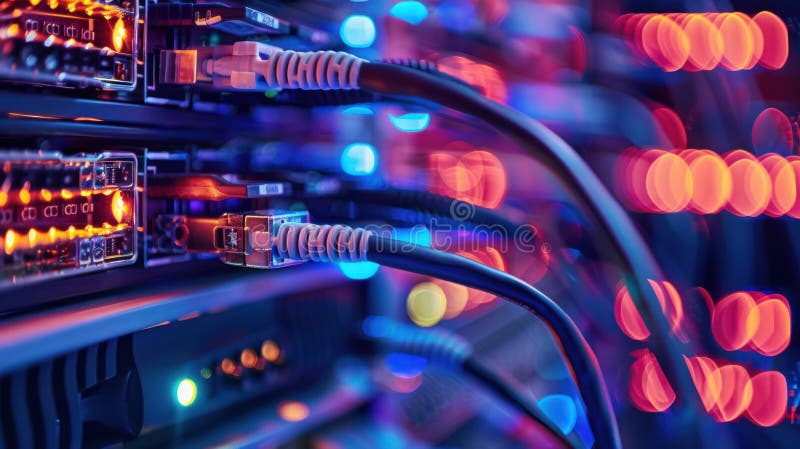 A Close-up of Cables and Connectors in a Data Center, Emphasizing Stock ...