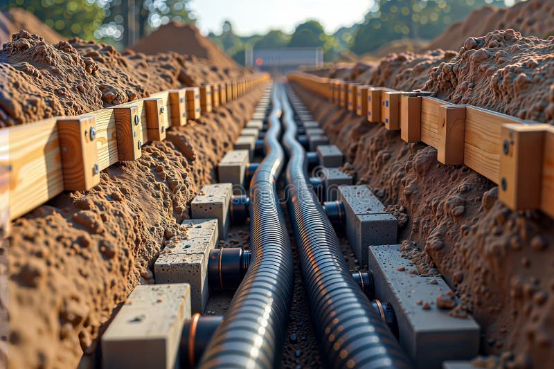 Close-Up of Cables and Supports in Construction Trench, Generative Ai ...