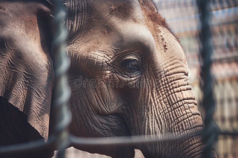 Close Up of Caged Elephant Behind Bars Stock Illustration ...