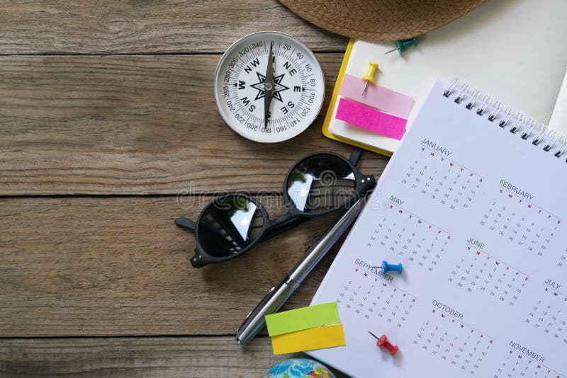Calendar, Compass and Accessories on the Table Background, Planning for ...