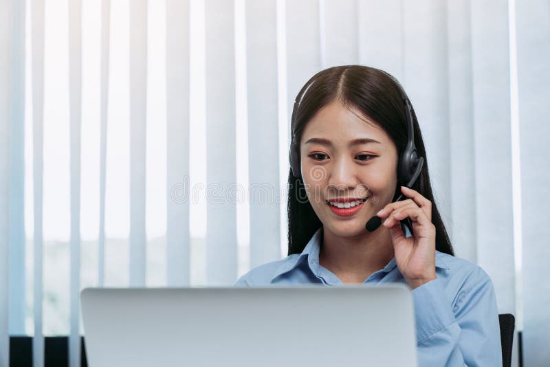 Close Up Call Center Worker Was Smiling at His Office Stock Image ...