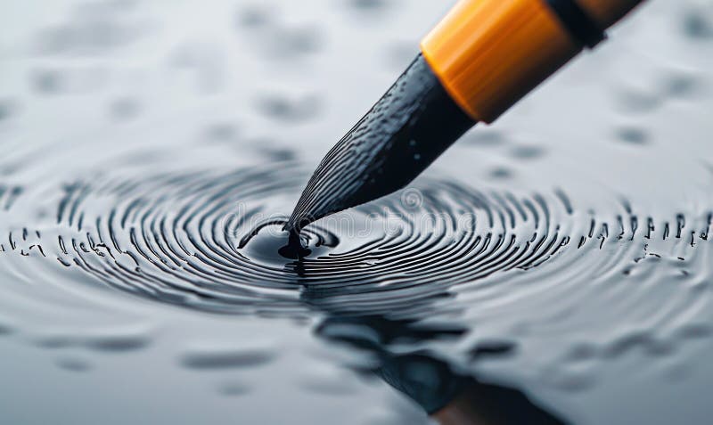 Close-up of a Calligraphy Brush Creating Ink Ripples in Water ...