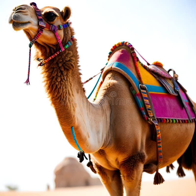 A Close-up of a Camel with a Colorful Saddle and Harness. the Camel Has ...