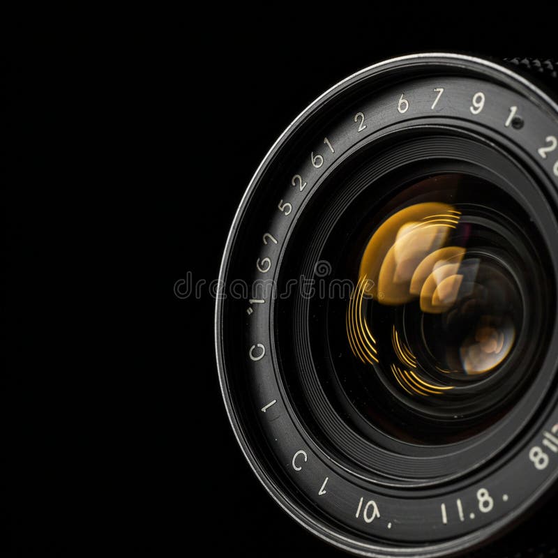 Close-up of a Camera Lens Against a Black Background. the Lens Features ...