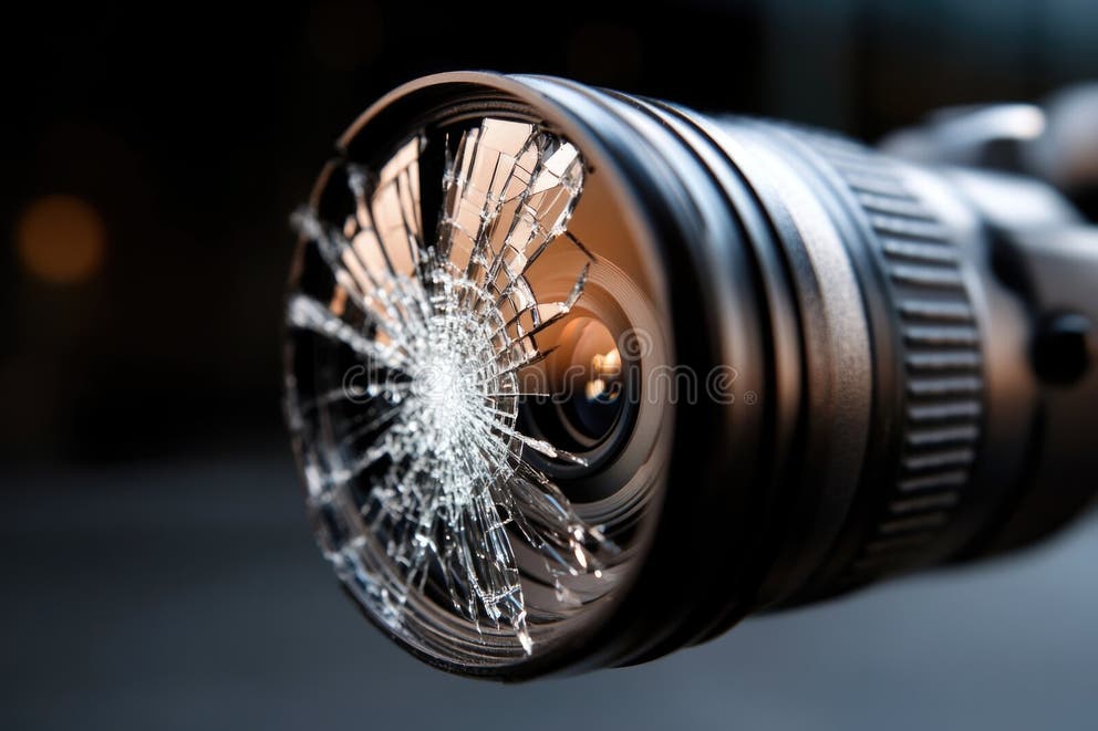 Close-up of Camera Lens with Cracked Glass and Light Reflection Stock ...