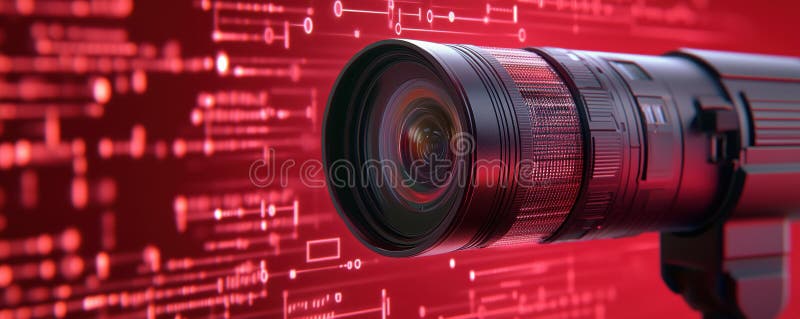 Close Up of Camera Lens with Red Digital Interface Background Stock ...
