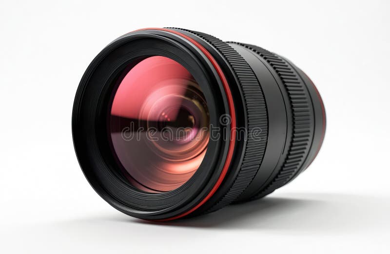 Close-up on Camera Lens with Red Reflection Isolated on White ...