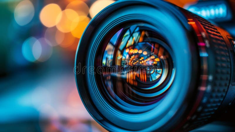 Close-up of a Camera Lens with Reflections of Various Logos and ...