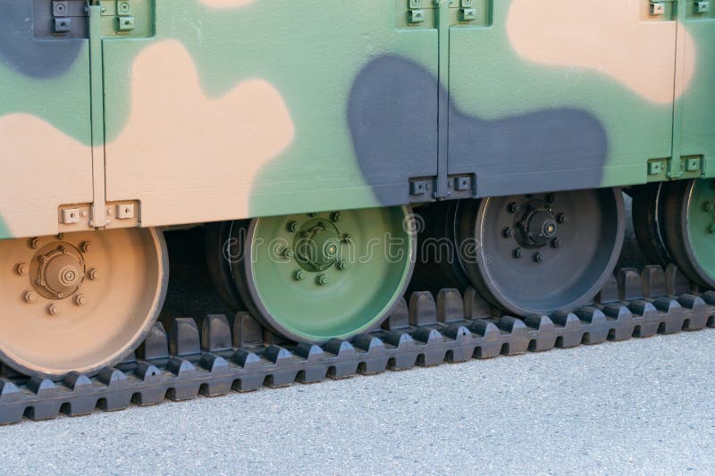 Close-up of Camouflage Military Tank Tracks and Wheels Stock Image ...