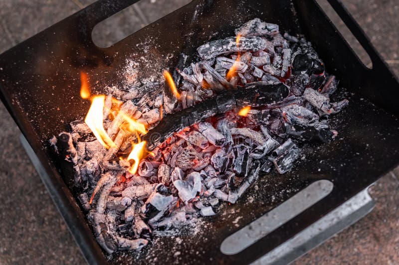 Close Up of Campfire, Fire Pit Filled with Burnt Wood, Flames. Fire ...