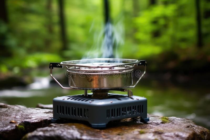 Close Up of a Camping Stove with the Waterfall Blur Behind Stock Image ...