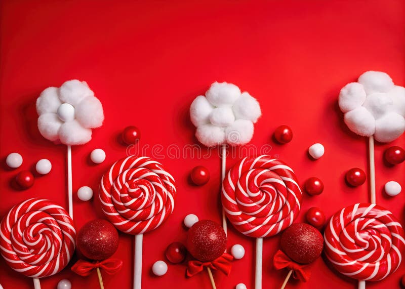 Close-up of Candies, Sweets, Clouds on a Bright Red Surface with Soft ...