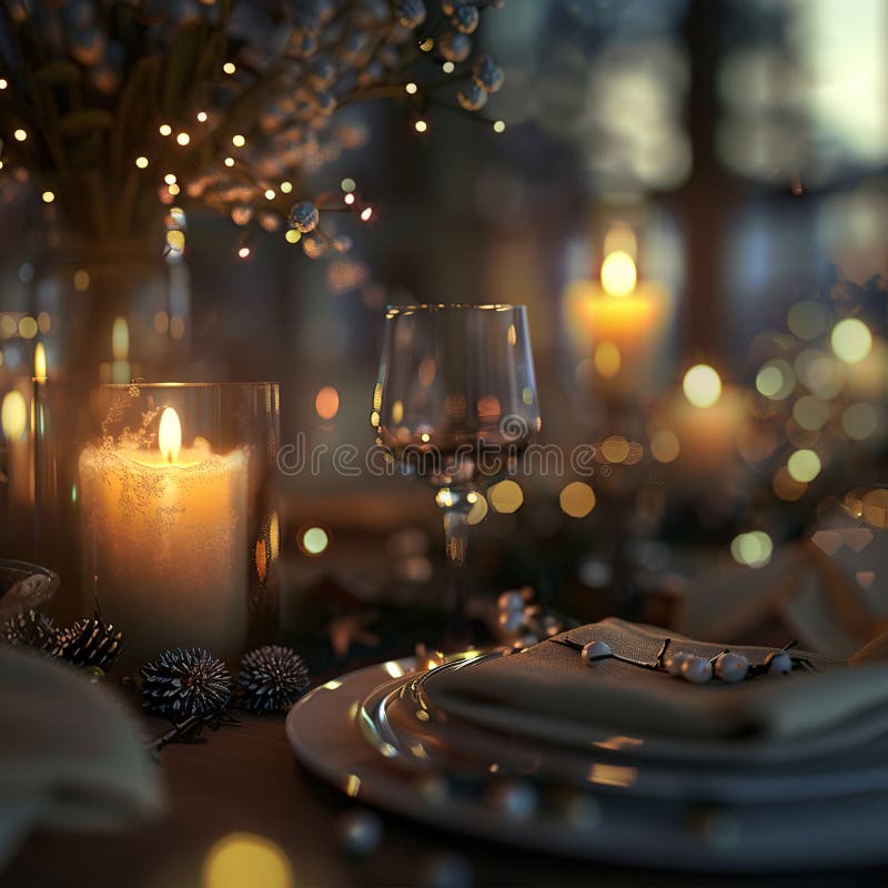 Close Up of a Candlelit Winter Solstice Dinner Table Stock Illustration ...