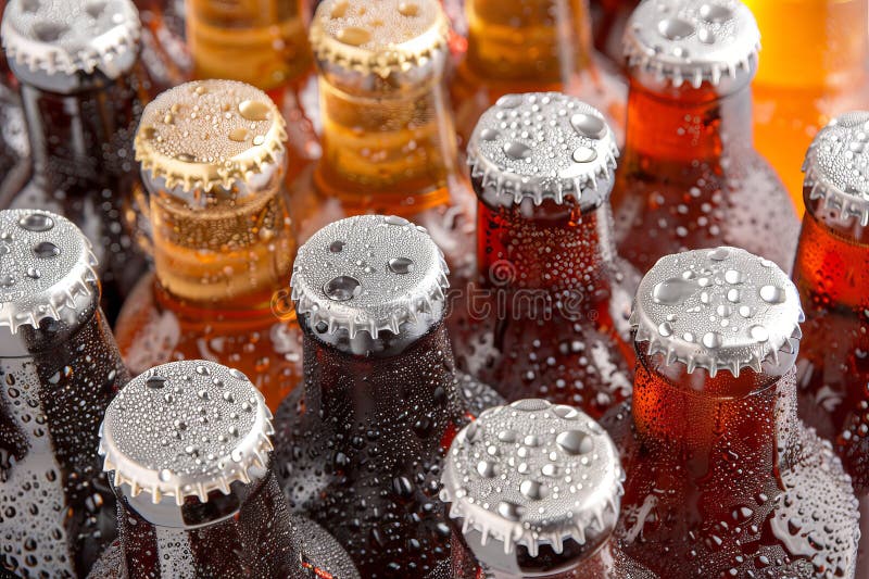 Close-Up of Capped Bottled Beverages with Condensation, Perspective ...