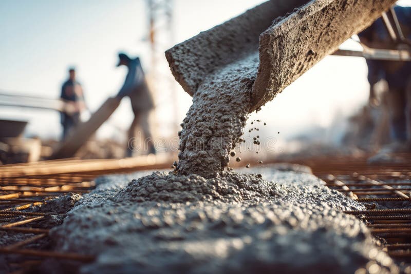 Cement Pouring Process at Construction Site with Workers Engaged in the ...