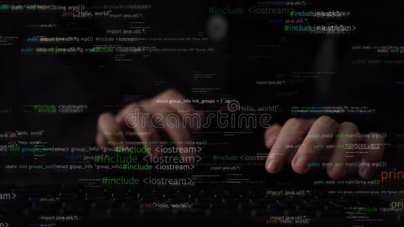 Close-Up View of a Programmer Hands Typing on a Laptop with Code and Data Streams Background in ...