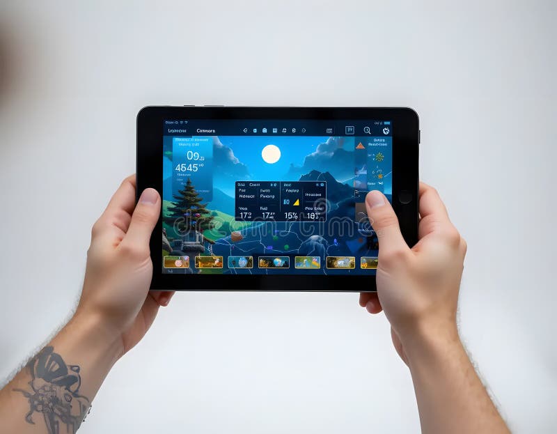 Digital Tablet Displaying Weather Application Held by Hands on White ...