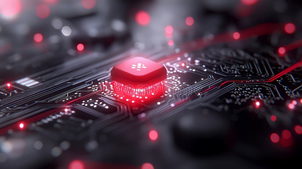 Closeup of Red Processor Chip on Circuit Board Stock Illustration ...