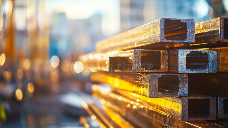 Stacked Iron Beams Construction Site Detail with Realistic Lighting and ...