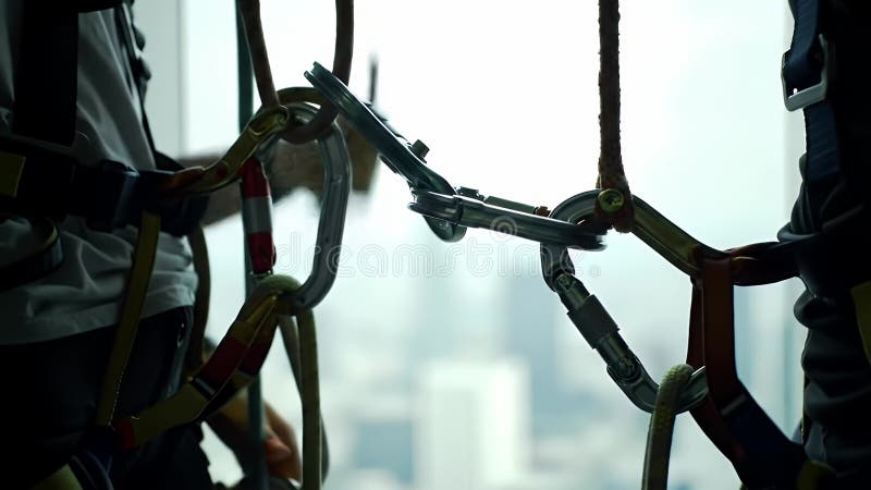 Secure Safety Ropes Attached To Harnesses for High Altitude Exterior ...