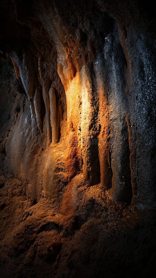 Underground Cavern with Dripping Formations Lit by Soft, Warm Light ...