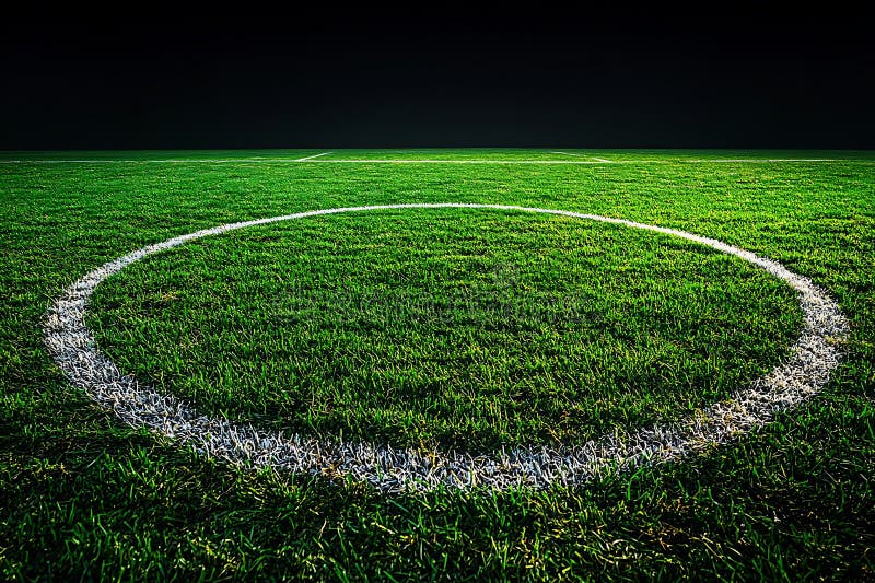Vivid Green Grass Football Field with White Boundary Lines Under Dark ...