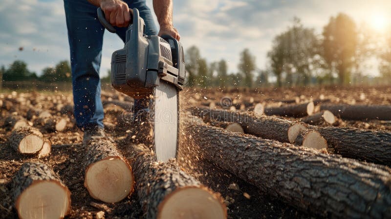 Close-up Capturing a Man Operating a Chainsaw on a Tree Trunk, with ...