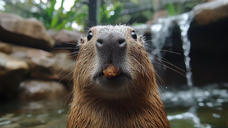Close-up of a Capybara Eating, with a Blurred Waterfall Background ...