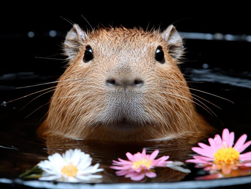 Close-up of a Capybara in Water with Flowers. Stock Illustration ...