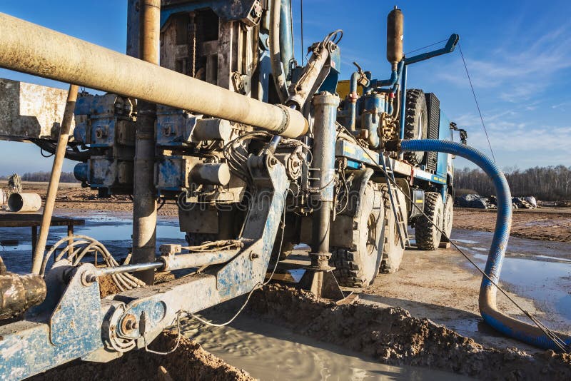 Close-up of a Car-based Drilling Rig at a Construction Site. Drilling ...