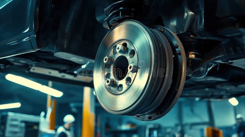Close-up of a Car Brake System in a Workshop, Showcasing Mechanical ...