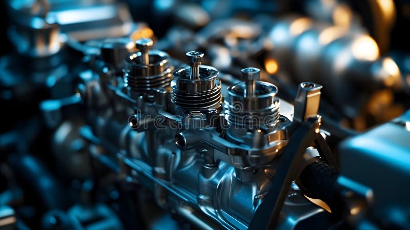 Close-up of Car Engine Components with Metallic Details and Blue ...