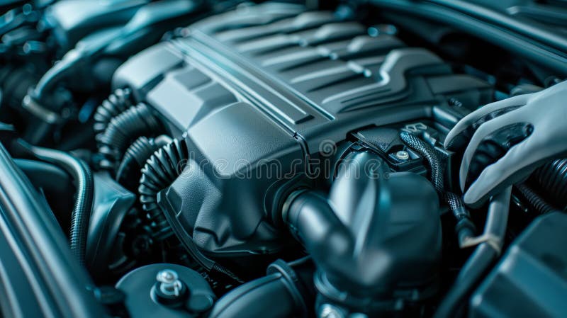 Close-up of a Car Engine with a Hand Performing Maintenance ...
